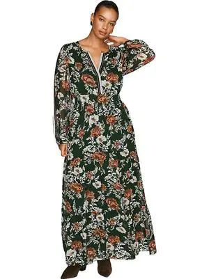 THE SOMERSET COLLECTION BY ANTHROPOLOGIE Somerset Chiffon Long Sleeve Maxi Dress - Green Pattern