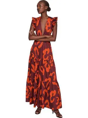 DE LORETA Ruffle Maxi Dress Red Pattern