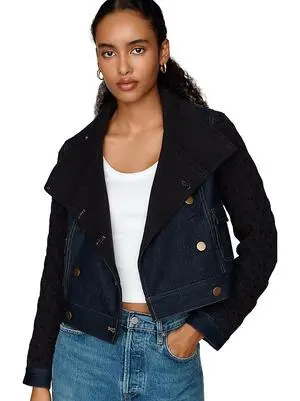 PILCRO Denim & Sweater Knit Cardigan - Navy