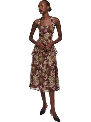 ELEVATOR DISCO Scarlet 100% Cotton Midi Dress - Brown Pattern