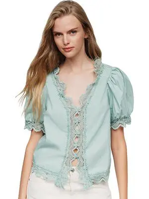 Anthropologie 100% Cotton Lace Detail Blouse - Mint
