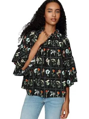 SAMDI Blythe 100% Cotton Ruffle-sleeve Blouse - Black Multi