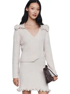 Maeve Cotton Wool Ribbed & Ruffled Knit Mi Skirt Cream