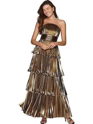 Mac Duggal Strapless Tiered Maxi Gown - Gold