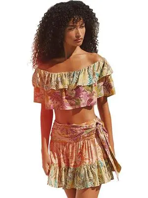 CELANDINE Off-shoulder Ruffled Top - Orange Pattern