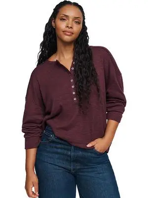 PILCRO 100% Cotton Slub Henley Top - Chocolate