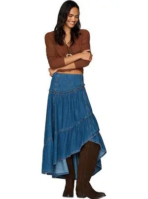 Anthropologie Pilcro Denim Asymmetrical Tiered Skirt - Medium Denim