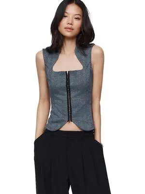 Anthropologie U-neck Zip-front Vest Top - Grey Pattern