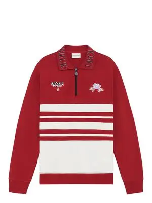 Drole De Monsieur Long-sleeve Striped Half-zip Embroidered Polo - Rosso