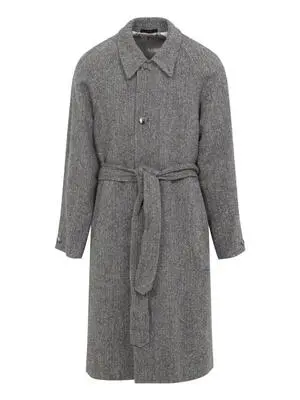 Paul Smith Herringbone Wool Belted Overcoat - Brown