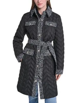 Karl Lagerfeld Paris Agyness Quilted Contrast Trim Coat - Black