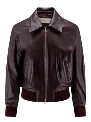 AMI Paris Bordeaux Leather Jacket With Zip - Red
