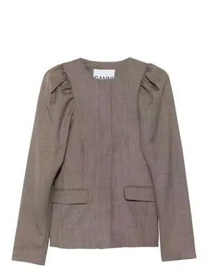 GANNI Wool Melange Puffy-sleeve Jacket - Brown