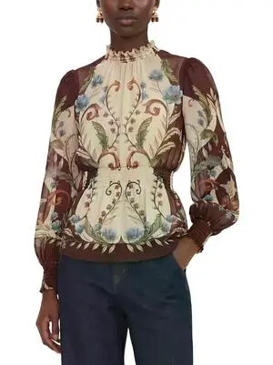 Farm Rio Floral-print Ruffled Blouse - Neutrals