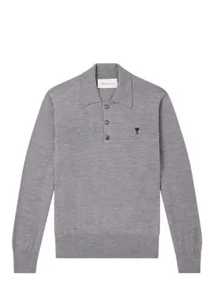 AMI Paris Logo-embroidered Merino Wool Polo Shirt - Gray
