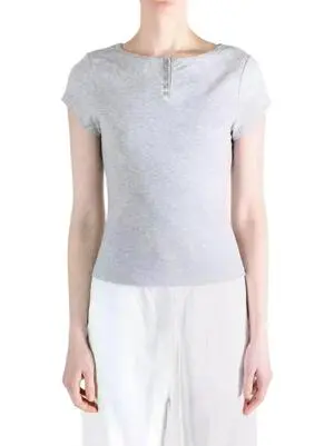 Free People Morning Pages Button-placket Cap-sleeve T-shirt - Grey