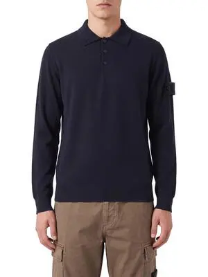 Stone Island Long-sleeved Wool Knit Polo Shirt With Compass Logo - Navy