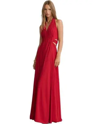 REISS Cara Halterneck Pleated Maxi Dress Red