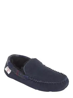 BEDROOM ATHLETICS Hanks- Suede Moccasin Slippers With Harris Tweed Navy - Blue