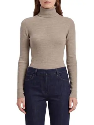 Max Mara Slim Fit Ribbed Pure Virgin Wool Turtleneck - Brown