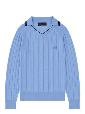 WALES BONNER Polo A Coste Con Scollo A V - Azure