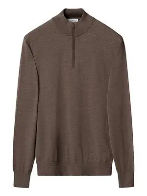 Eton Merino Wool Quarter Zip Knit Sweater - Medium Brown