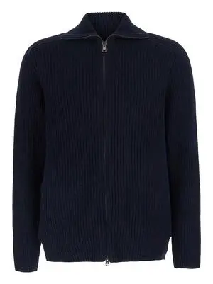 Tagliatore Ribbed Wool Zip-front Cardigan With High Collar - Blu