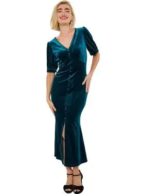 JOE BROWNS Stretch Velvet Fluted Midi Dress - Teal