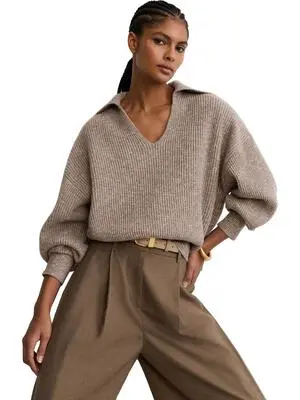 REISS Twyla Wool-cotton Rib-knit Open-collar Jumper - Stone Neutral