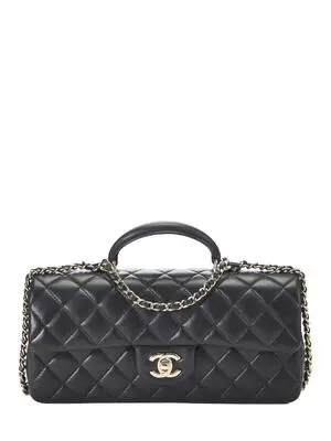 CHANEL Black Lambskin Top Handle Flap Bag Long