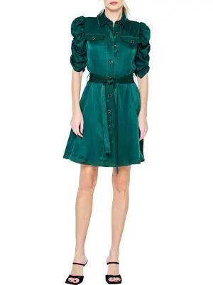 CIEBON Bryce Puff Sleeve Tie Waist Dress - Emerald