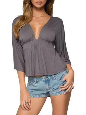 EDIKTED Kleoh V-neck Babydoll Top - Dark-gray