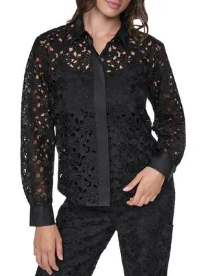 Dkny Floral Lace Button Down Shirt - Black