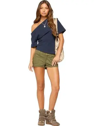 EDIKTED Mariee Asymmetric Off The Shoulder T-shirt - Navy
