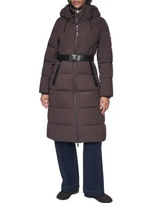 Dkny Water Resistant Belted Long Puffer Coat With Bib - Bitter