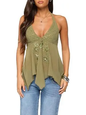 EDIKTED Bodie Sequin Chiffon Handkerchief Top - Olive