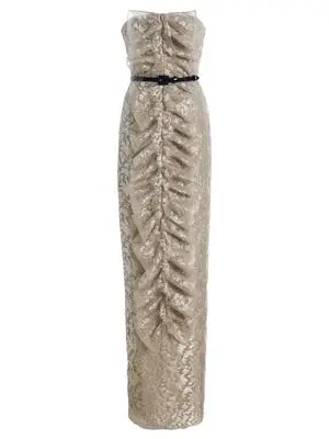 Carolina Herrera Strapless Lurex Floral Lace Gown - Silver