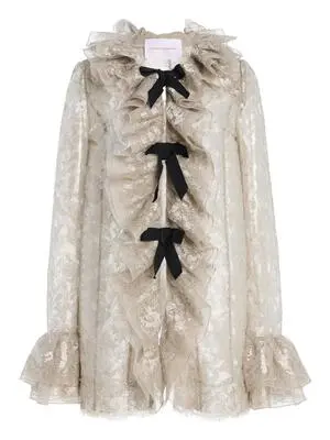Carolina Herrera Ruffled Lurex Floral Lace Coat - Silver