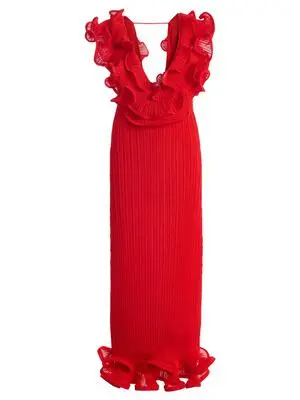 Carolina Herrera Ruffled V-neck Viscose Fine Knit Rib Dress - Red