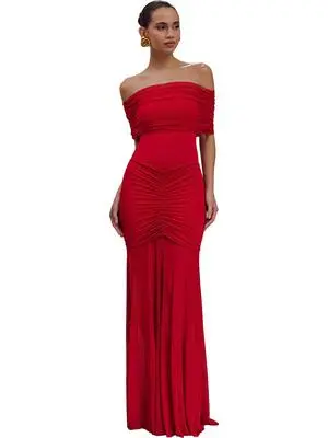 Meshki Caspian Slinky And Mesh Off Shoulder Maxi Dress - Ruby Red