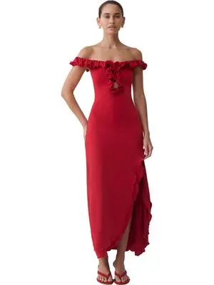 Meshki Allegra Off Shoulder Ruffle Midi Dress - Ruby