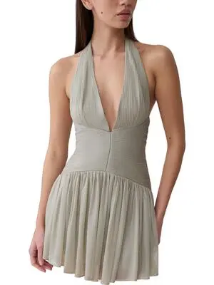 Meshki Lucille Halter Pleated Mini Dress - Silver
