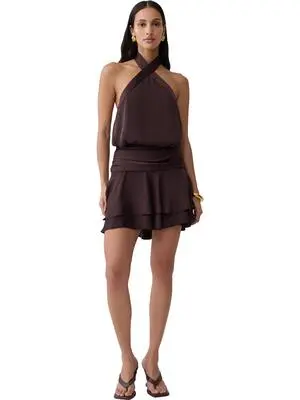 Meshki Poppy Satin Halter Mini Dress - Brown