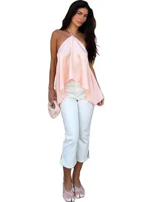 Meshki Adelaide Draped Satin Halter Top - Peach