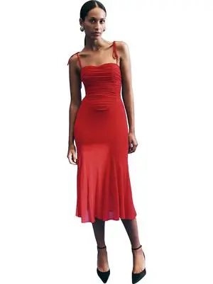Meshki Willa Gathered Mesh Midi Dress - Ruby Red