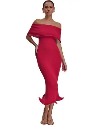 Meshki Molly Off Shoulder Knit Midi Dress - Raspberry