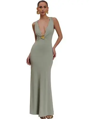 Meshki Beck Plunge Maxi Dress With Floral Hardware - Basil