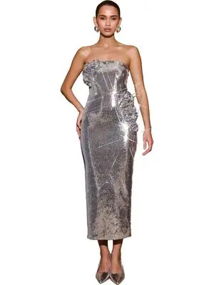 Meshki Cassia Strapless Sequin Rose Midi Dress - Silver