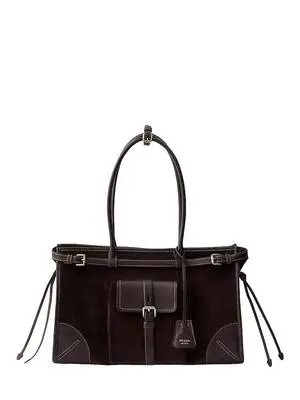 Prada Bonnie Large Corduroy And Leather Handbag - Ebony