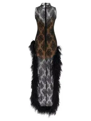 GIUSEPPE DI MORABITO Feather-trim Lace-overlay Midi Dress